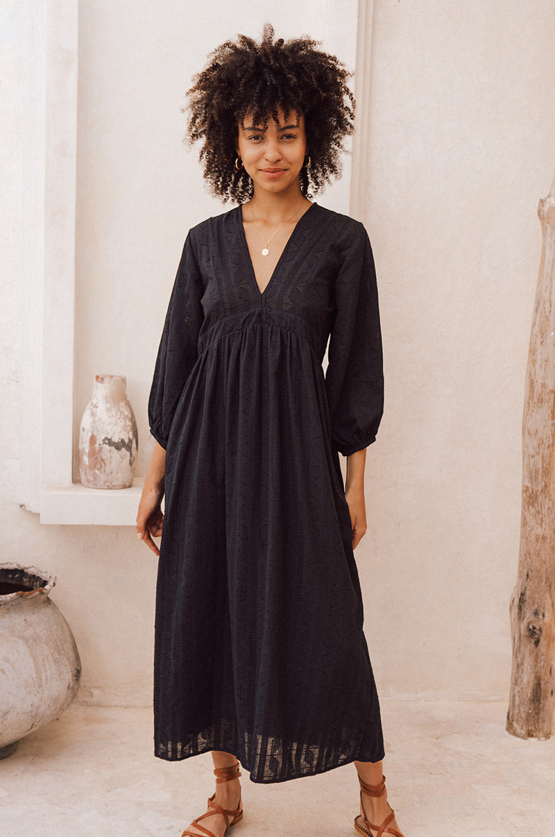 Black Textured Cotton Midi Dress - ROVE